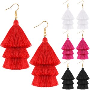 4 pairs 3 layers tassel earrings red earrings for women charm crystal silk tassel bohemian dangle birthday christmas wedding daily