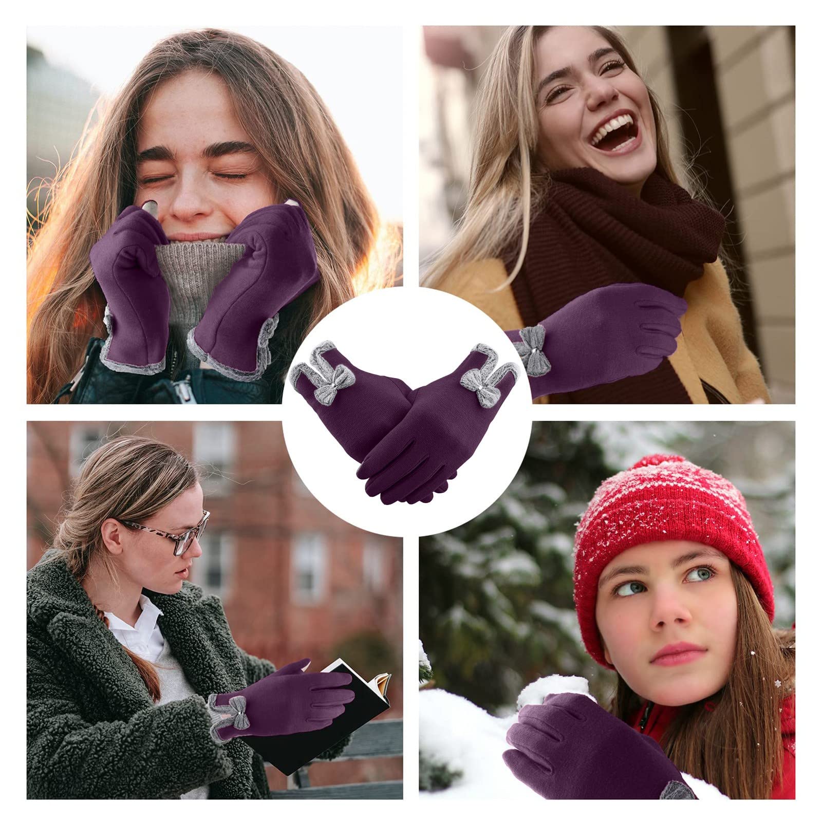 Warm Women Elegant Bow Gloves Touchscreen Gloves Full Finger Winter Warm Mittens (Purple, One Size)