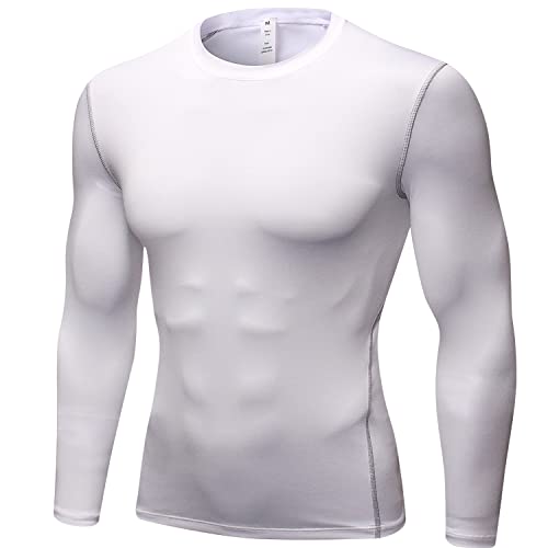 White Compression Shirts Mens Long Sleeve Running Gym Top Shirts Lightweight Sports Baselayer Undershirt Cool Dry