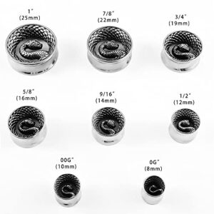 Atomhole 8mm-25mm (0g-1") Snake Ear Plugs Tunnels Ear Gauges 316 Stainless Steel Hypoallergenic Earrings Expander Body Piercing Jewelry 2PCS (10mm(00G), Silver)