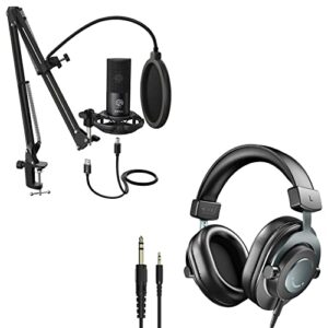 fifine studio microphone 6.35mm/3.5mm headphones bundle, usb pc condenser microphone with scissor arm stand, shock mount, monitor over-ear headphones, for instruments recording podcasting (t669+h8)