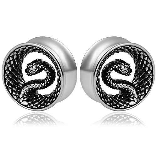 Atomhole 8mm-25mm (0g-1") Snake Ear Plugs Tunnels Ear Gauges 316 Stainless Steel Hypoallergenic Earrings Expander Body Piercing Jewelry 2PCS (10mm(00G), Silver)