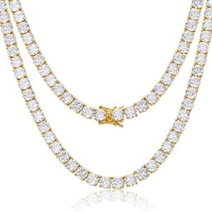 Moissanite Tennis Necklace 18K Gold Plated 925 Sterling Silver Yellow White Gold Plated Moissanite Diamond Tennis Choker Chain Wedding Necklaces 3/4/5mm 16-24 Inch Jewelry Gift for Women Men (Gold)