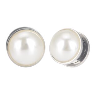 qmcandy 2pcs stainless steel pearl ear tunnels double flared screw plugs piercing gauges 00g, silver