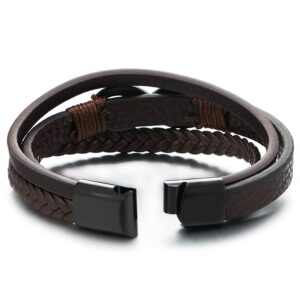 COOLSTEELANDBEYOND Black Steel Infinity Love Number 8 Friendship Three-Strand Brown Braided Leather Bangle Bracelet