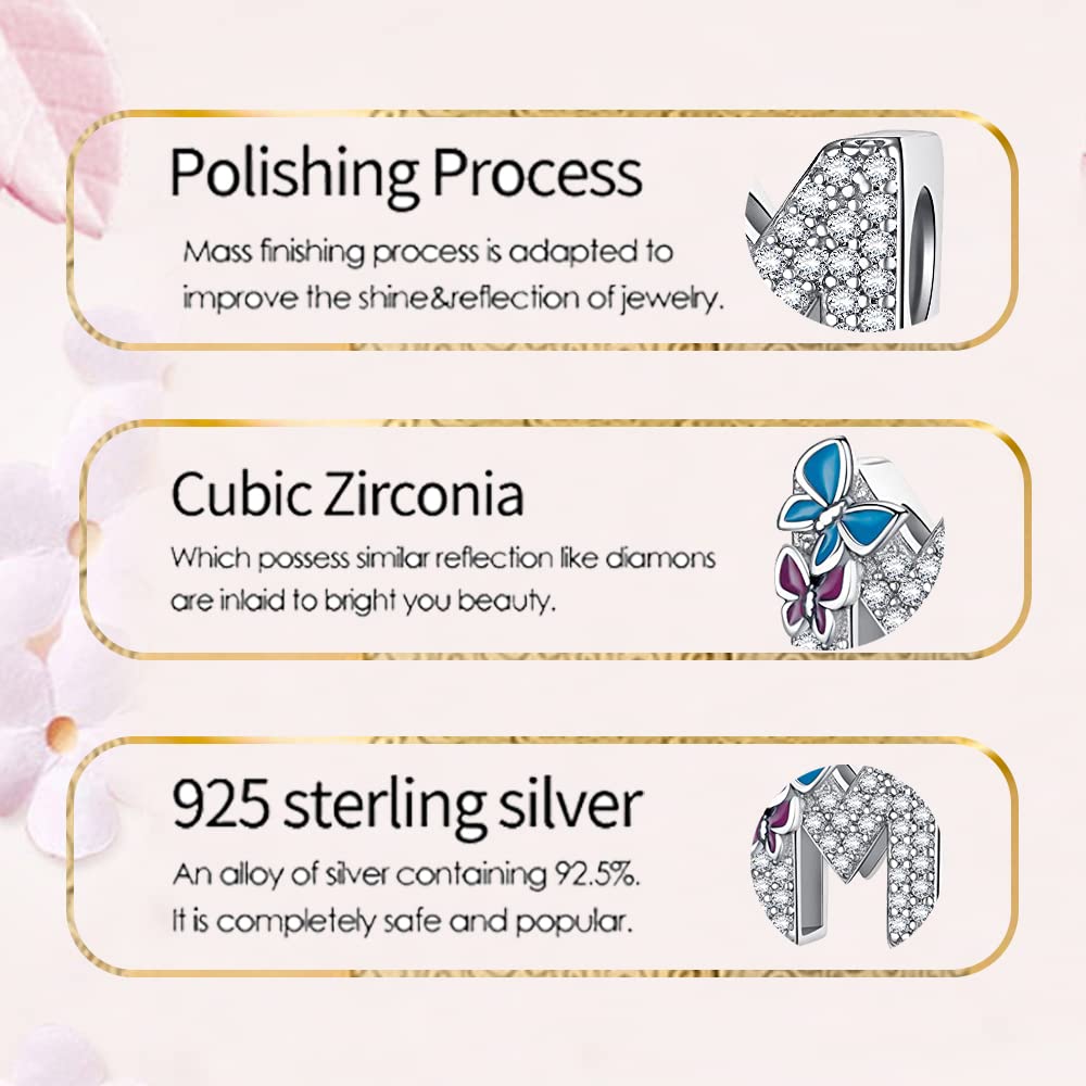 Complete A~Z Alphabet Charm Letter Beads, Solid 925 Sterling Silver with Cubic Stones Flower Butterfly fits European Bracelets Necklace Women Jewelry Gift Options