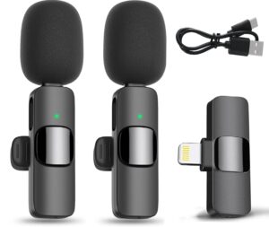 dual wireless microphone for iphone ipad plug-play wireless lavalier mic noise reduction for video recording, live stream, youtube, tiktok, facebook, zoom, interview, podcast (one pair two mic)