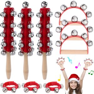 9 pieces christmas handle jingle bells wooden hand sleigh bells wrist band jingle bells shaker bells with wooden grip for kids music enlightenment instruments