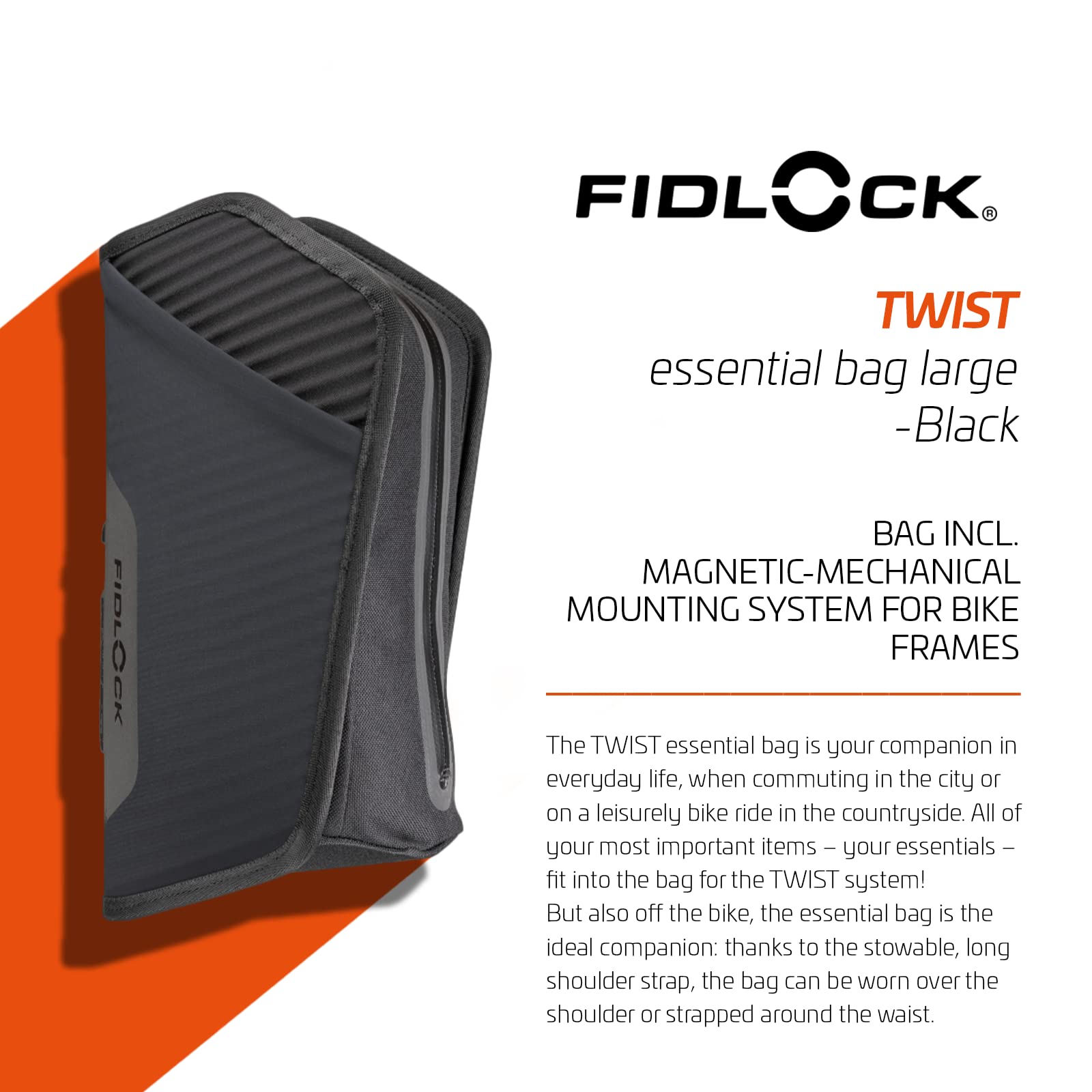 FIDLOCK Twist Essential Bag with Bike Base - Optimized for Bike’s Frame Triangle - Splash-proof Material Closure - Additional Compartments Inside and Outside - Large, Black