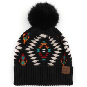 c.c fur pom winter fall trendy chunky stretchy cable knit beanie hat (aztec black)