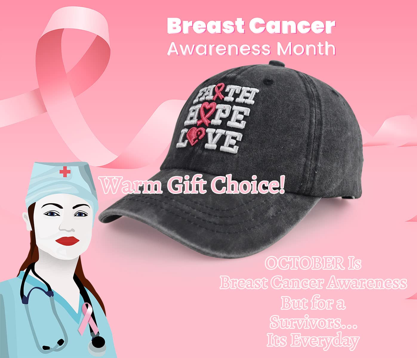 Breast Cancer Gifts for Women, Fight Breast Cancer Awareness Baseball Cap, Pink Ribbon Faith Hope Love Hat, Adjustable Cotton Embroidered Survivor Hats, Gifts for Mom Mother Grandma Friends Patients