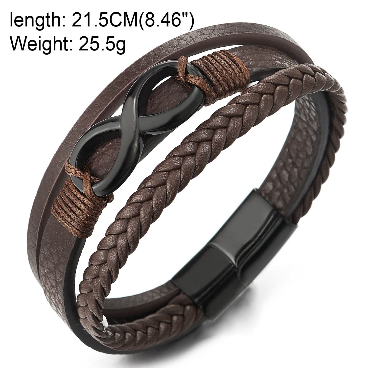 COOLSTEELANDBEYOND Black Steel Infinity Love Number 8 Friendship Three-Strand Brown Braided Leather Bangle Bracelet