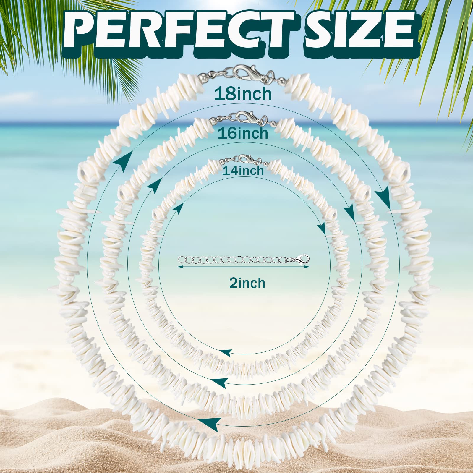 Funtery 6 Pcs White Puka Shell Necklace Hawaiian Seashell Necklace Beach Necklaces Clam Chips Surfer Necklace with 6 Extended Chain for Men Women(16 Inch)