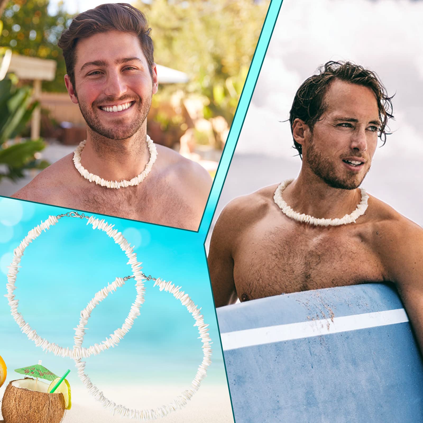 Funtery 6 Pcs White Puka Shell Necklace Hawaiian Seashell Necklace Beach Necklaces Clam Chips Surfer Necklace with 6 Extended Chain for Men Women(16 Inch)