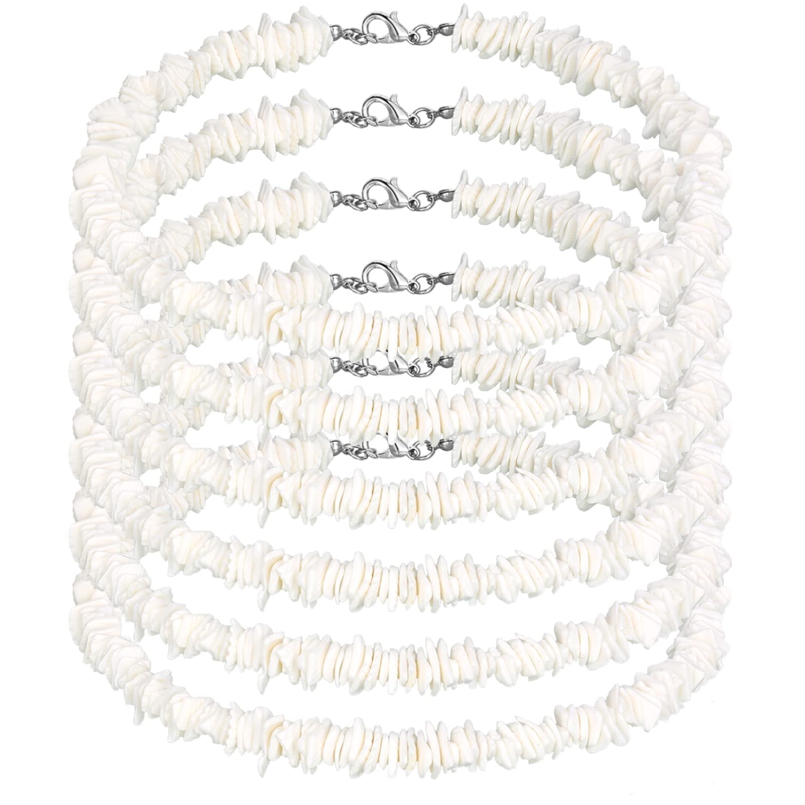 Funtery 6 Pcs White Puka Shell Necklace Hawaiian Seashell Necklace Beach Necklaces Clam Chips Surfer Necklace with 6 Extended Chain for Men Women(16 Inch)