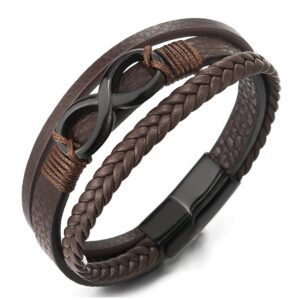 coolsteelandbeyond black steel infinity love number 8 friendship three-strand brown braided leather bangle bracelet