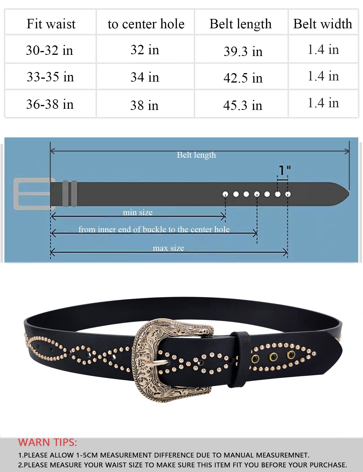 TOPACC Western Belts for Women Cowgirl Cowboy Rivet Studded Country Fashion Punk Belt for Jeans Black