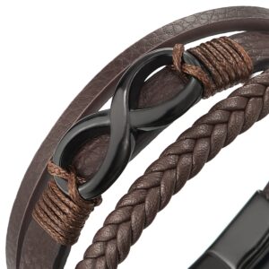 COOLSTEELANDBEYOND Black Steel Infinity Love Number 8 Friendship Three-Strand Brown Braided Leather Bangle Bracelet