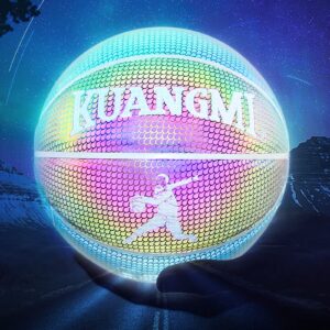 kuangmi reflective glowing basketball holographic luminous for night game light up basket ball men's official size 7 29.5",(colorful-a)