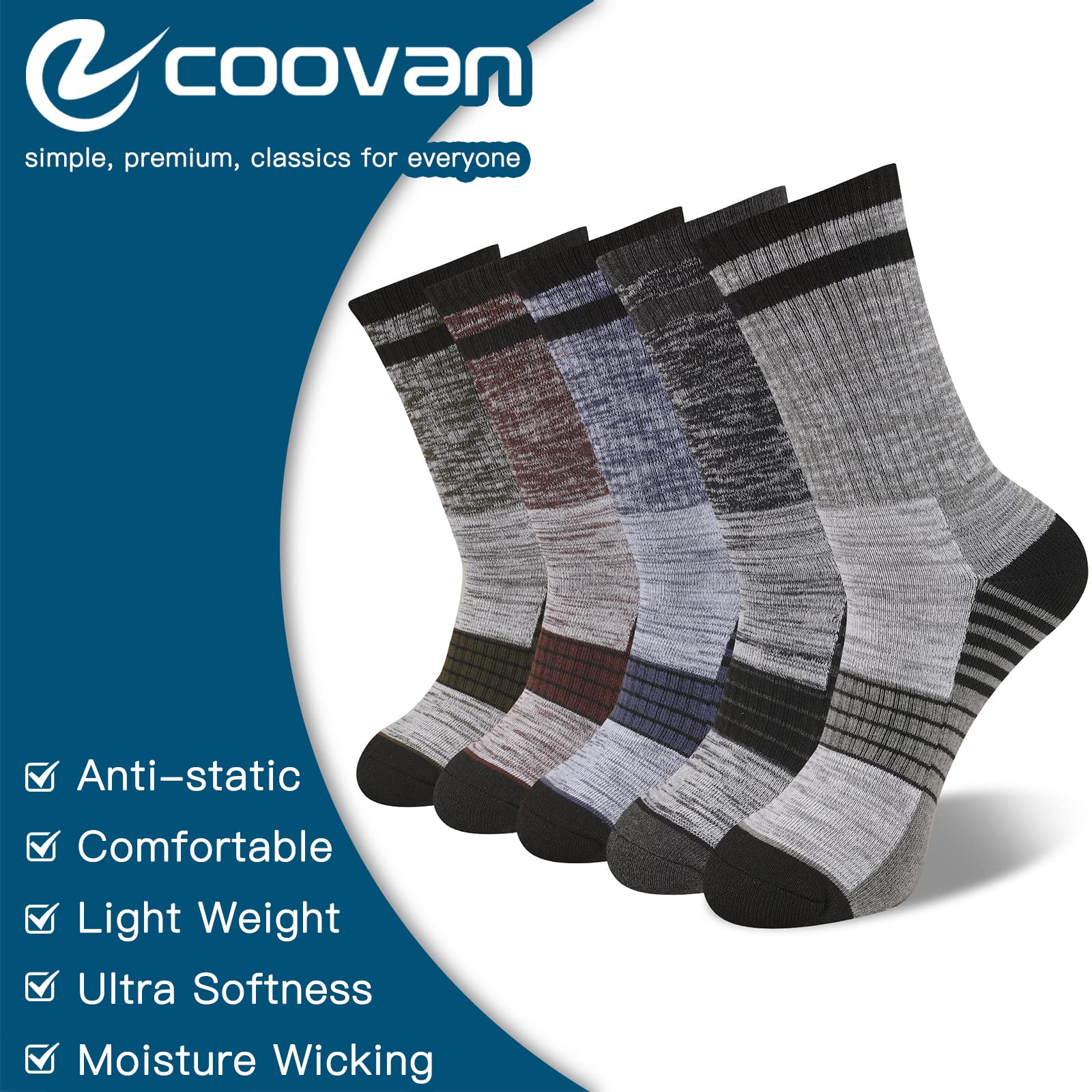 COOVAN Mens Hiking Socks Crew Outdoor Socks 5 Pairs Moisture Wicking Cushioned Athletic Boot Socks