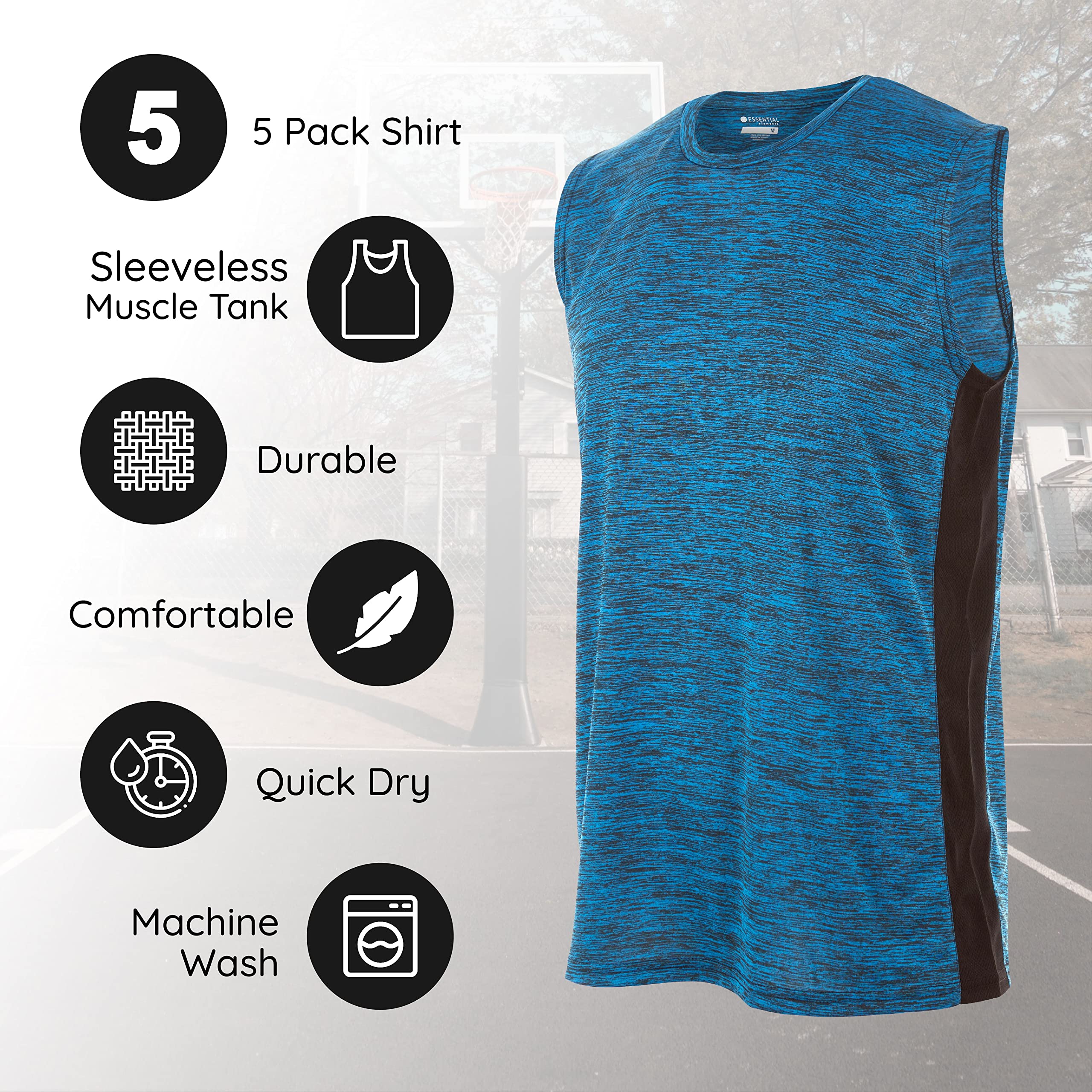 Essential Elements Boys Active Shirt - Quick-Dry Athletic Workout Training Stretch Crew Neck Muscle Tank Top 5 Pack