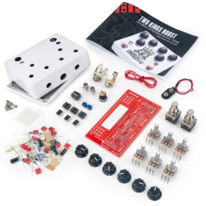 stewmac two kings boost pedal kit with white enclosure, 9 volt battery, and dc powered, based on the king of tone