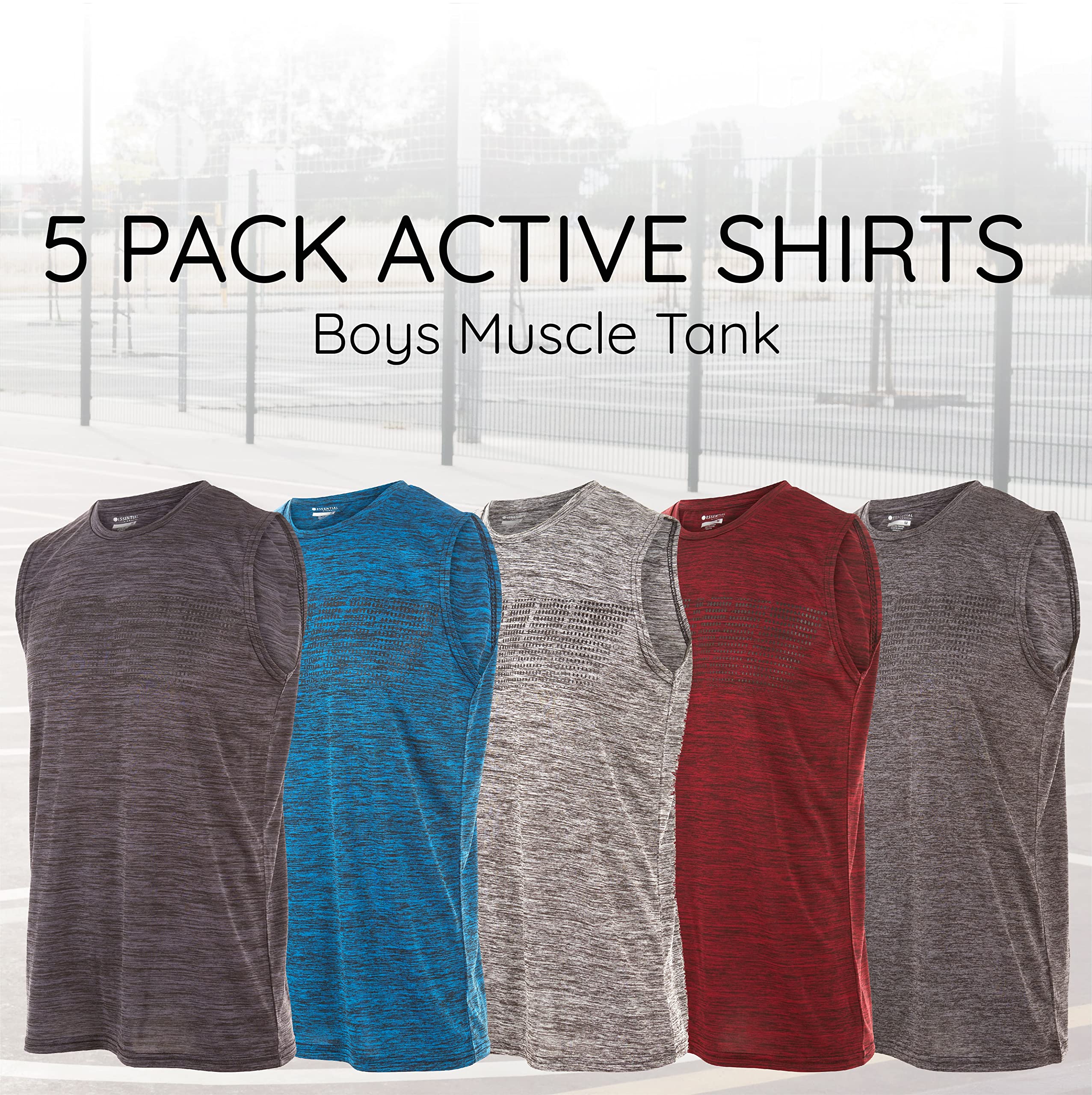 Essential Elements Boys Active Shirt - Quick-Dry Athletic Workout Training Stretch Crew Neck Muscle Tank Top 5 Pack