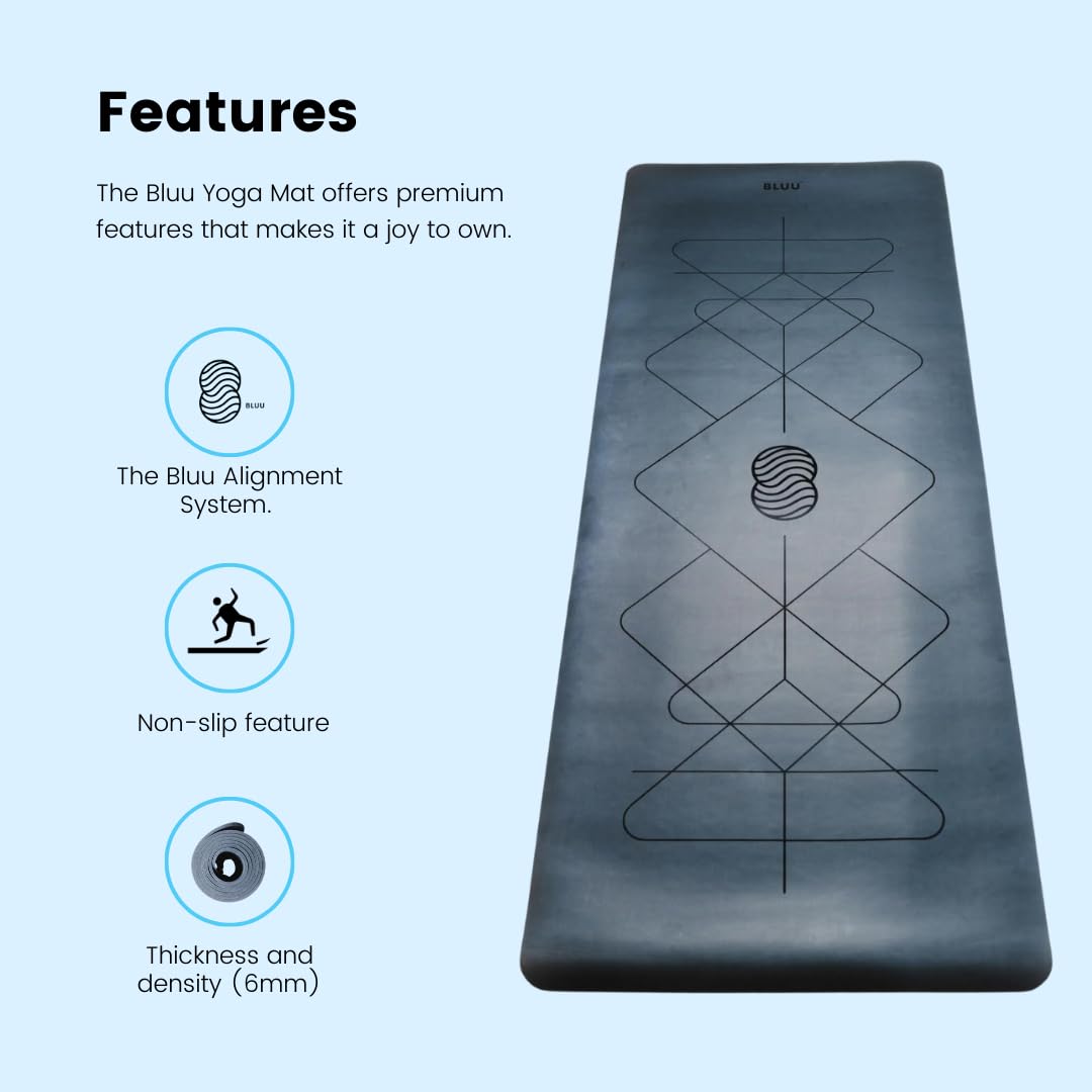 Bluu Yoga Aligner Mat with Bluu Alignment System,Superior Grip,Anti-Slip Yoga Mat,Natural Rubber,6mm Thick Mat for Yoga,Blue, Black, Gray,Bikram Yoga Mat,Pro Yoga Mat with AsanaAlign (Black)