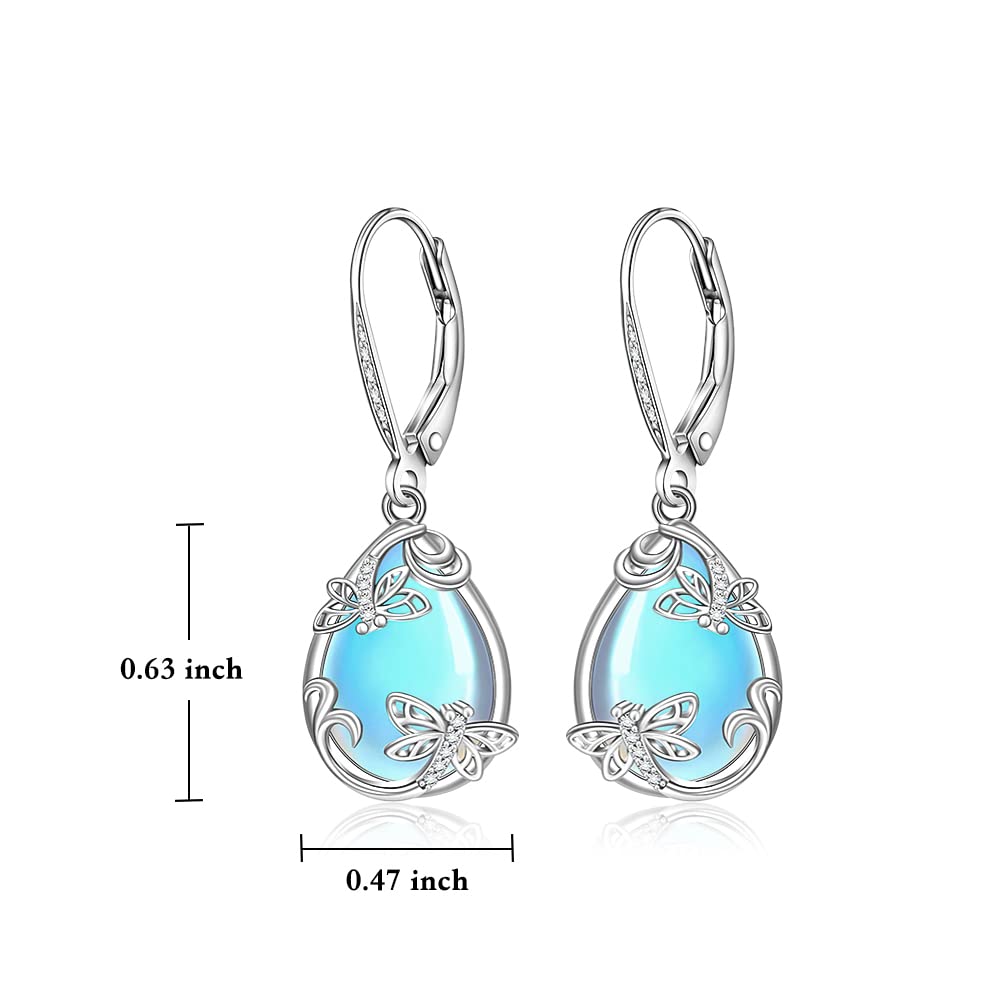 Dragonfly Moonstone Earrings for Women Filigree Earrings Teardrop Lever Back S925 Sterling Silver Moonstone Jewelry