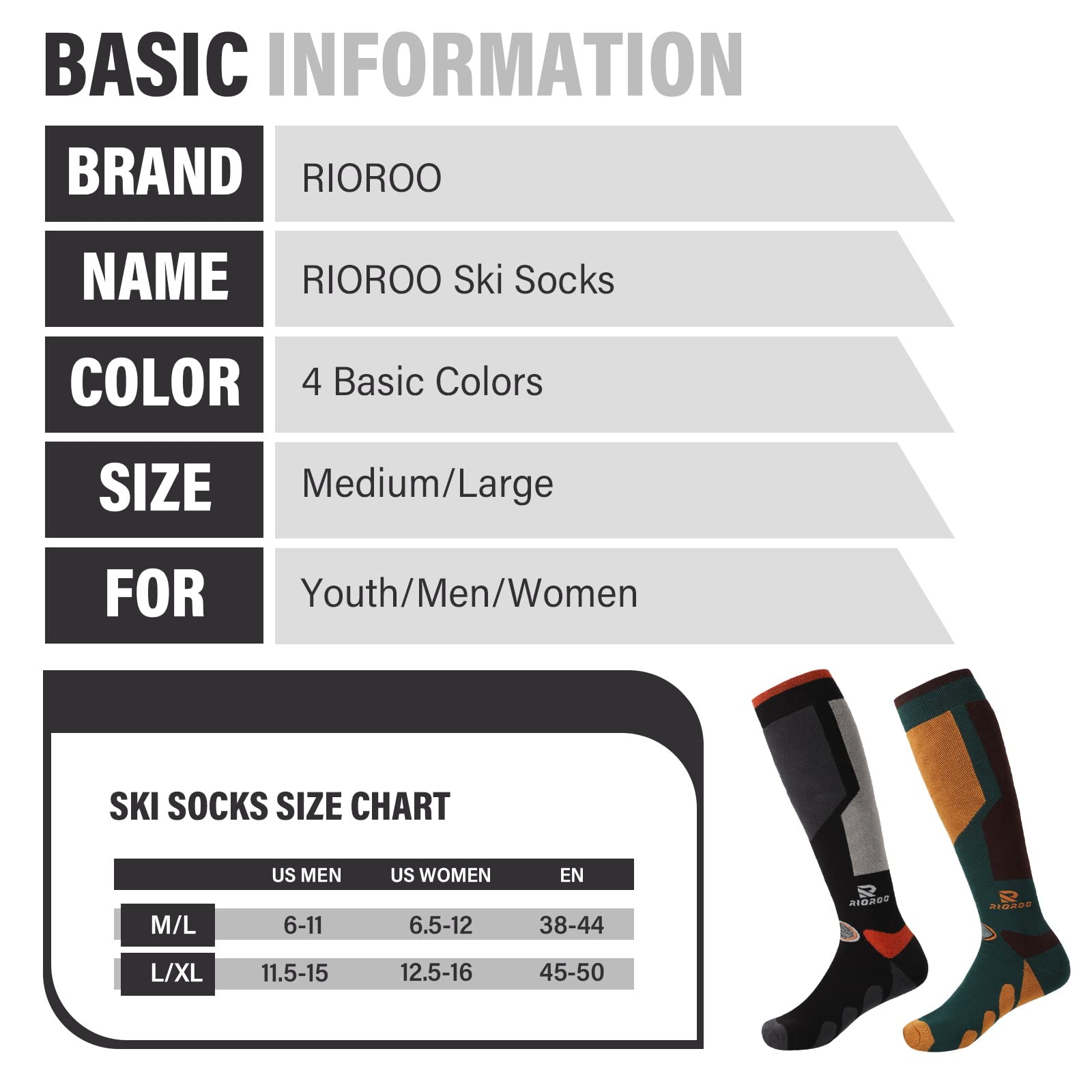 RIOROO Ski Socks, 2/3 Pairs Skiing, Snowboarding, Outdoor Sports Socks For Mens Womens Youth,Thermal Knee-high Warm Socks