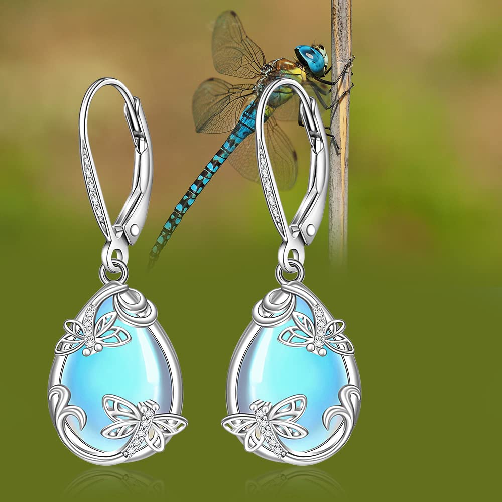 Dragonfly Moonstone Earrings for Women Filigree Earrings Teardrop Lever Back S925 Sterling Silver Moonstone Jewelry