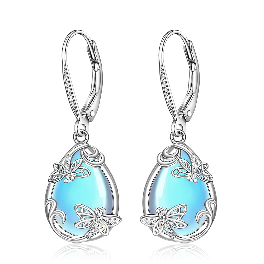 Dragonfly Moonstone Earrings for Women Filigree Earrings Teardrop Lever Back S925 Sterling Silver Moonstone Jewelry