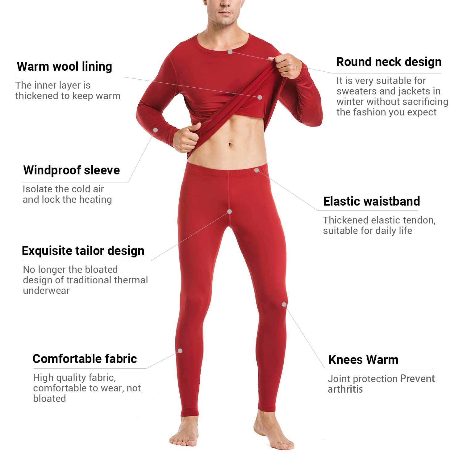 PISIQI Thermal Underwear Men Ultra-Soft Long Johns Set with Fleece Lined Base Layer Winter Skiing Warm Top & Bottom Red