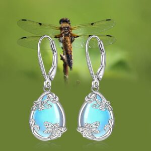 Dragonfly Moonstone Earrings for Women Filigree Earrings Teardrop Lever Back S925 Sterling Silver Moonstone Jewelry