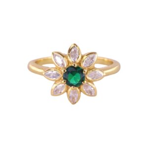 emerald and moissanite floral wedding ring yellow gold plated nature inspired ring women flower ring delicate jewelry gift for wife by kanishka gems jewels