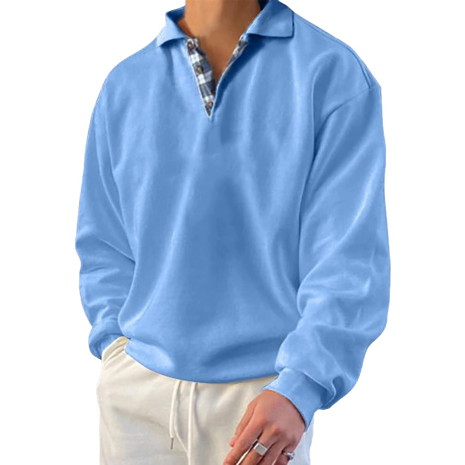 Opomelo Men's Long Sleeve Pullover Polo Shirts-Casual Loose Fit Sweatshirts V Neck Tops Blue