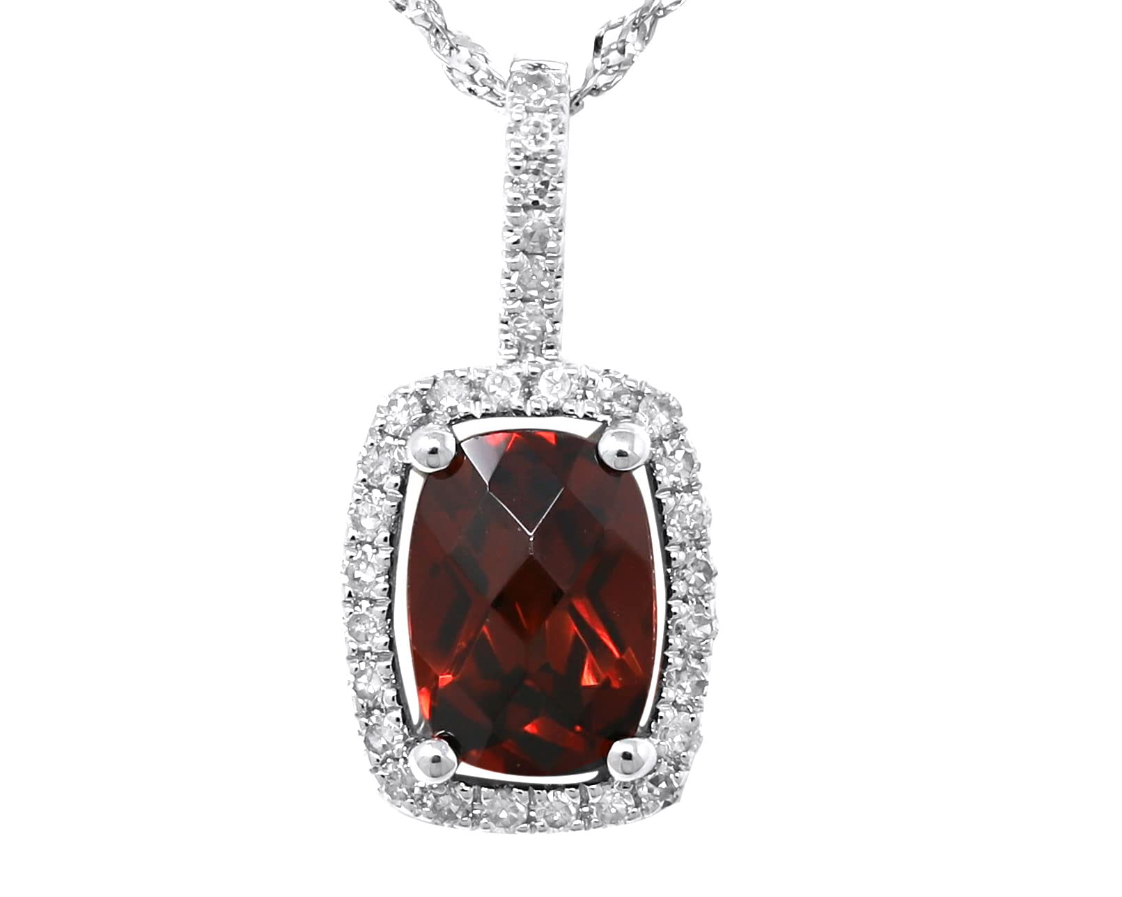 KOKAV Genuine Garnet Cushion 1 Ct with Diamond Pendant Necklace in 14K White Gold