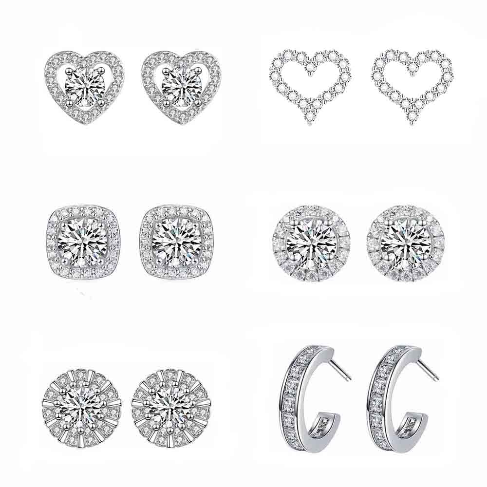 6 Pairs Simulated Diamond Stud Earrings for Women Hypoallergenic Sterling Silver CZ Stud Earring Set Cubic Zirconia Stud Earrings 14K White Gold Plated