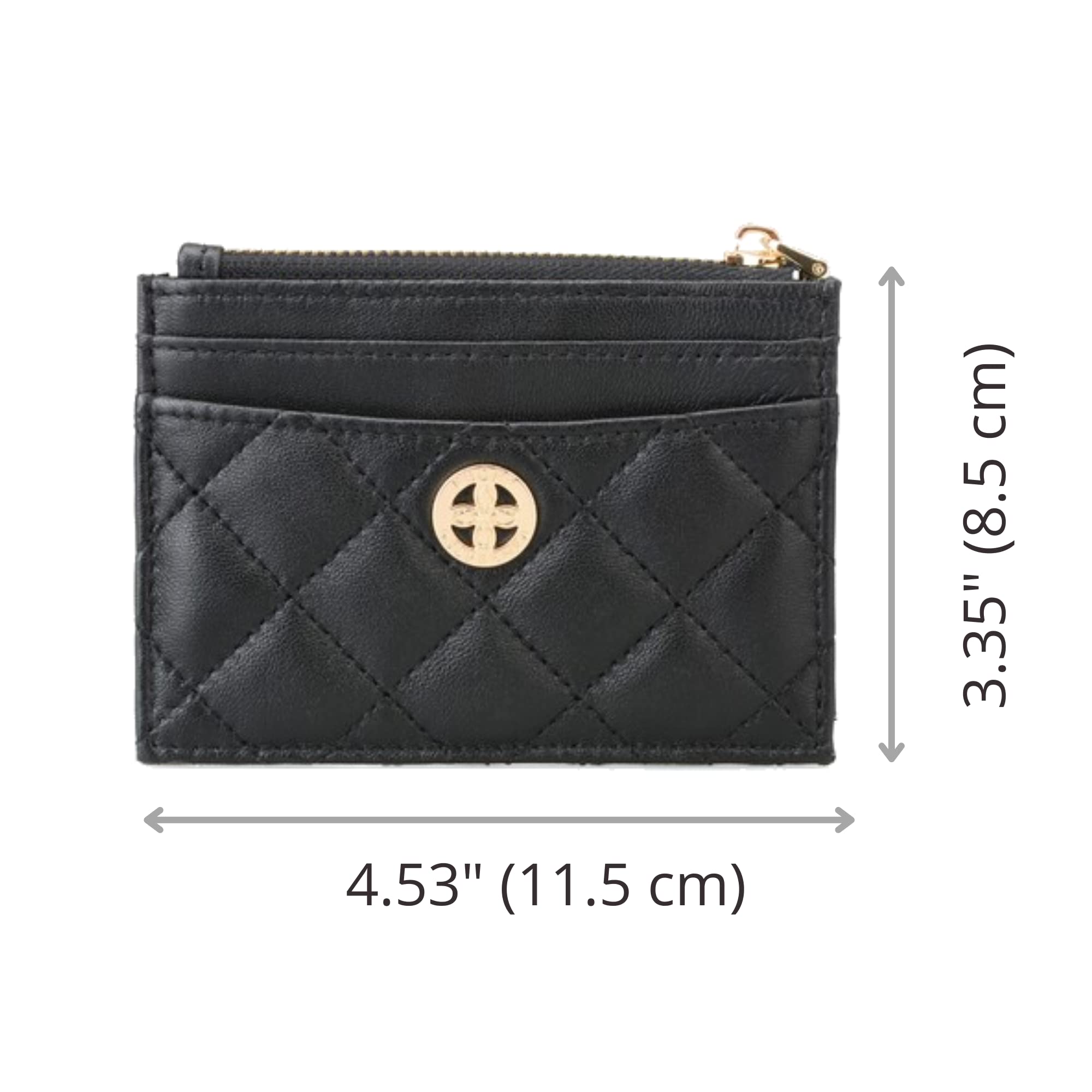 PEONY SUPREME Luxury Black Quilted Leather Card Case with Snap Hook and Key Ring Holder Credit Small Wallet Compact Business Money Organizer Gift for Women Girl