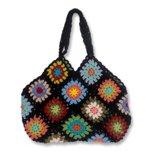 straw bag for women shoulder bag travel beach fishing net woven handmade straw bag crochet tote bag shopping (flower-black)