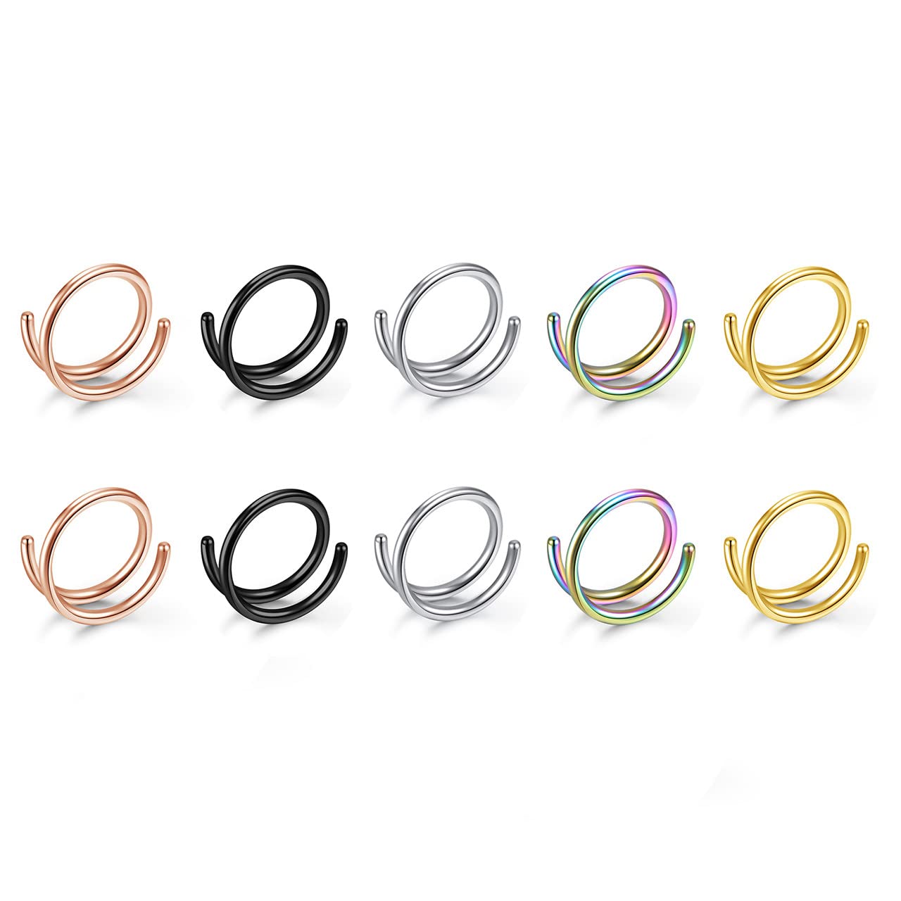 BOPREINA 10pcs 20G Double Nose Rings Hoop for Single Piercing Nose Hoop Stainless Steel Double Hoops Twist Spiral Nose Ring Nostril Piercing Jewellery for Women Men 6-10mm