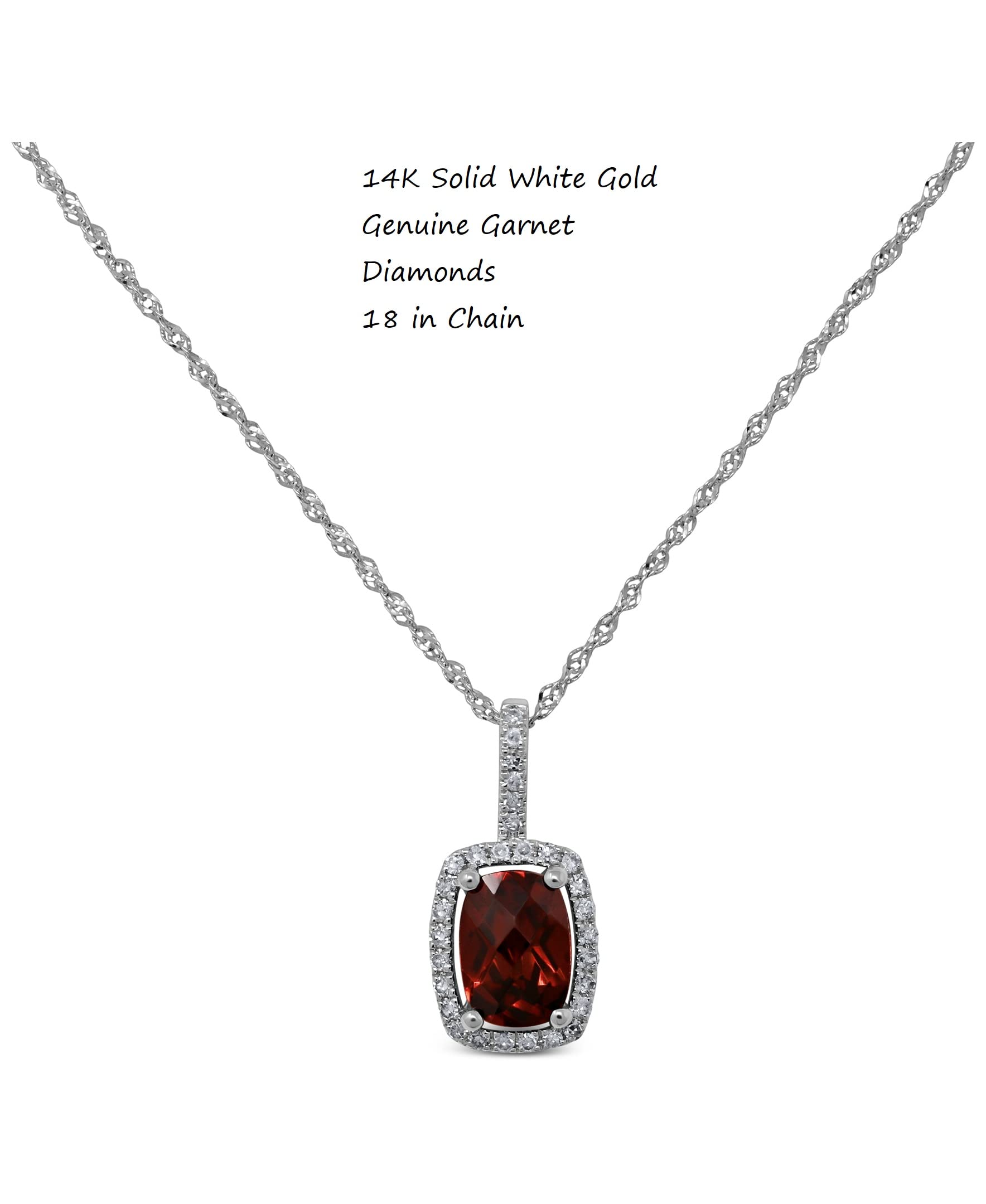 KOKAV Genuine Garnet Cushion 1 Ct with Diamond Pendant Necklace in 14K White Gold