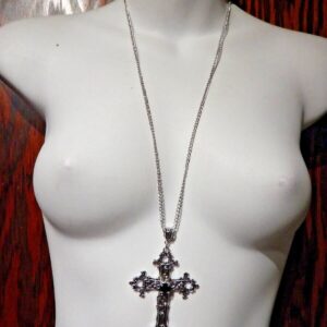 Large Gothic Cross Necklace silver-tone pendant with black glass stone, on 24" steel chain