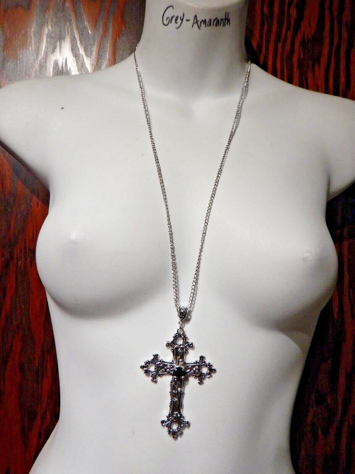 Large Gothic Cross Necklace silver-tone pendant with black glass stone, on 24" steel chain