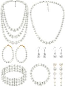 bbto 8 pcs pearl necklace and earrings set for women pearl jewelry set faux pearl necklace earrings simulated pearl bracelets (elegant style)