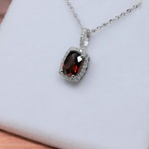 KOKAV Genuine Garnet Cushion 1 Ct with Diamond Pendant Necklace in 14K White Gold