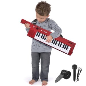 pyle digital musical keyboard 37 keys, electronic karaoke keytar with wired microphone, 4 preset selectable tones, 4 audio rhythms, aux input, rechargeable, fun for kids and all ages