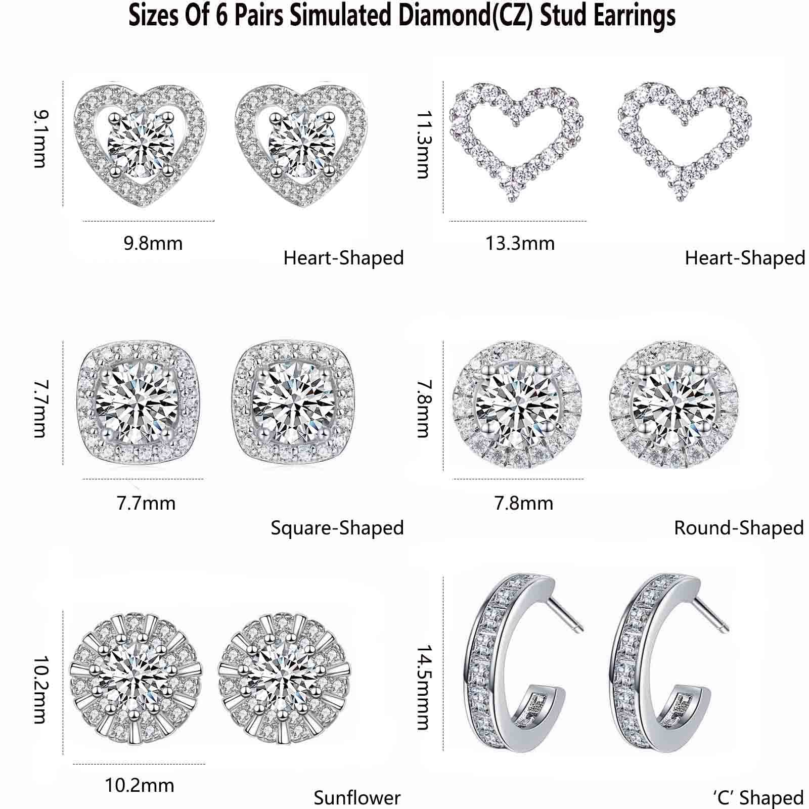 6 Pairs Simulated Diamond Stud Earrings for Women Hypoallergenic Sterling Silver CZ Stud Earring Set Cubic Zirconia Stud Earrings 14K White Gold Plated