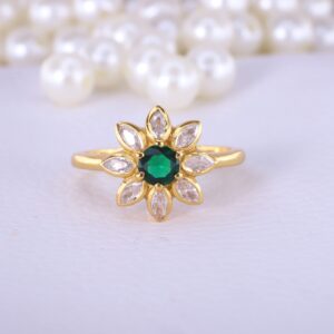 Emerald And Moissanite Floral Wedding Ring Yellow Gold Plated Nature Inspired Ring Women Flower Ring Delicate Jewelry Gift For Wife BY KANISHKA GEMS JEWELS