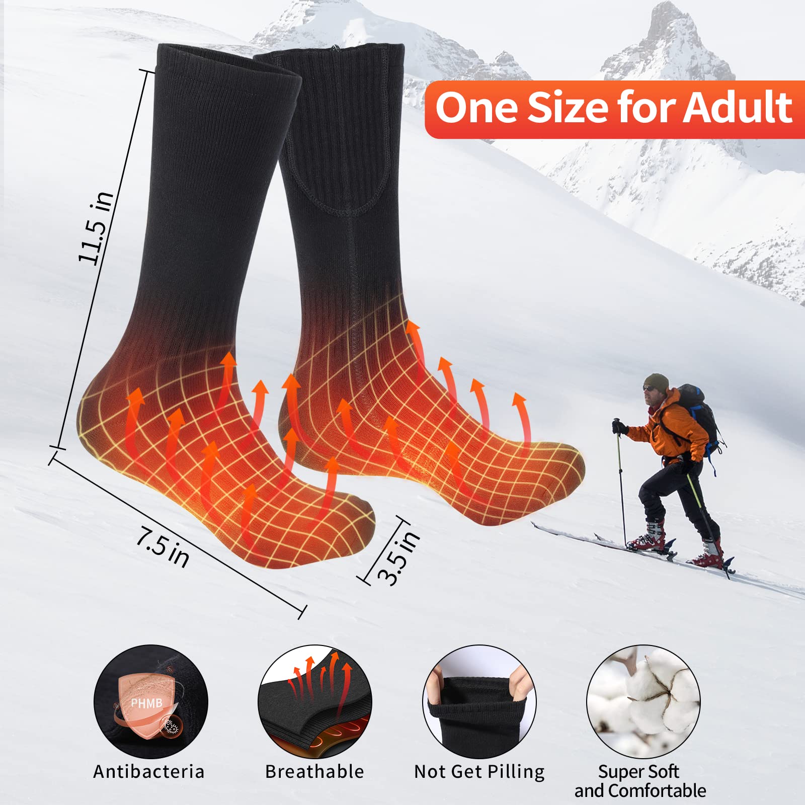 Heated Socks for Men Women, Upgraded 5V 3500mAh Thermostatic Control Rechargeable Battery Powered Heated Socks Women, Washable Electric Socks for Indoor Outdoor Skiing Riding Camping Hiking(6-14US)